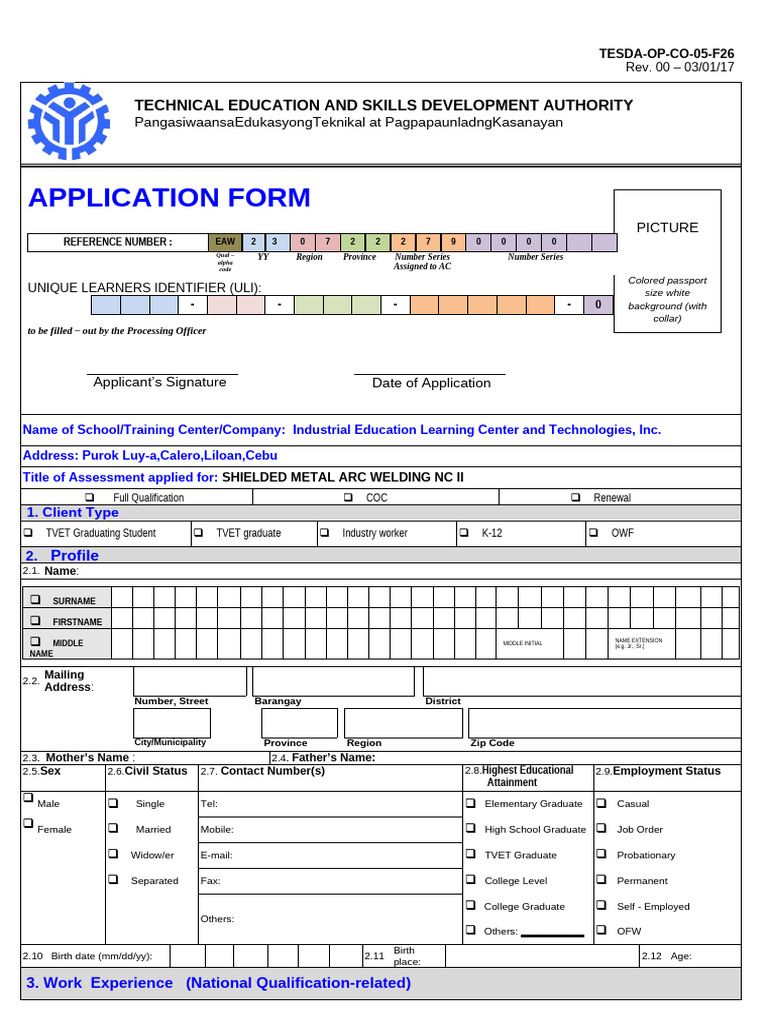 f26 - application-Form-For-Assessment Smaw NC II | PDF | Welding | Construction