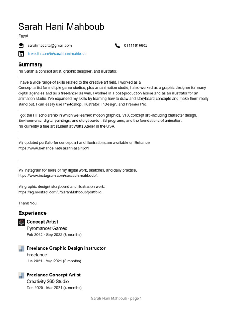 Sarah Mahboub: Concept Artist CV | PDF | Graphic Design | The Arts