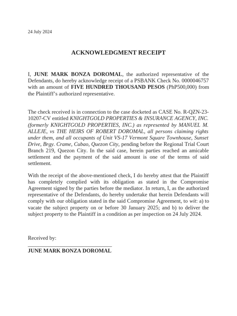 Acknowledgment of Settlement Payment | PDF
