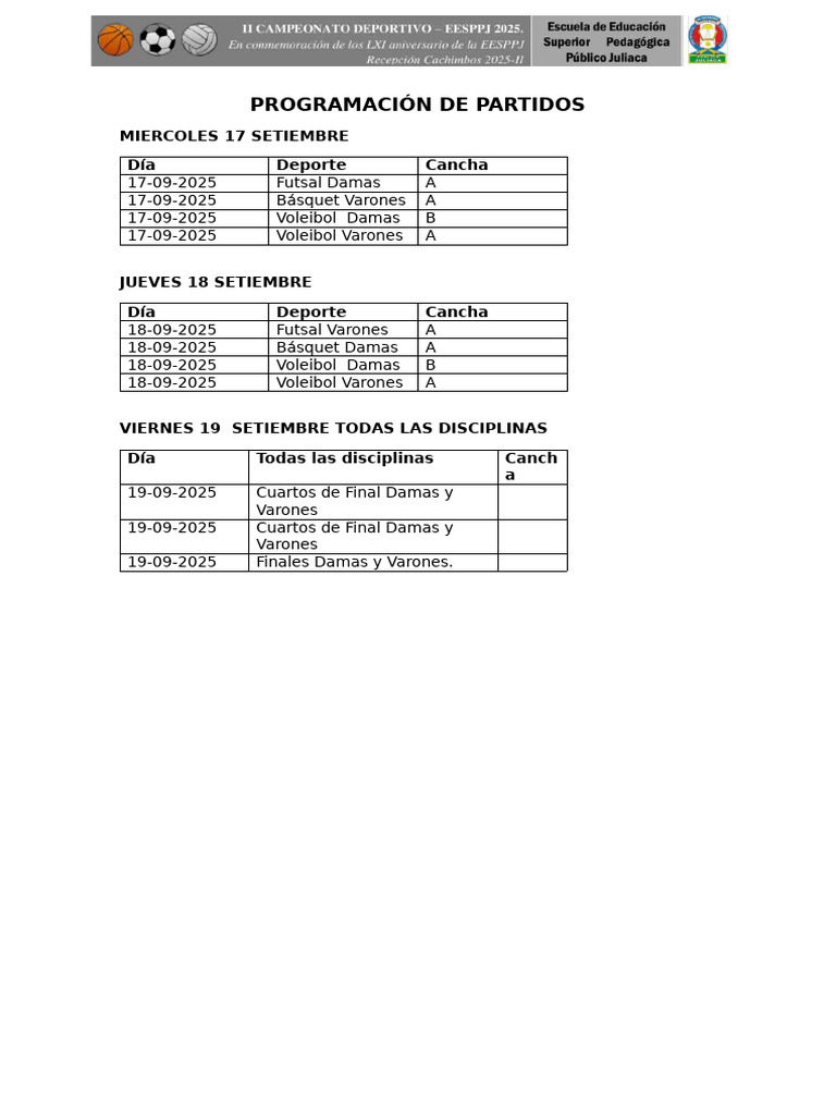 Programación de Partidos Por Día Juegos Estudiantiles 2025 | PDF