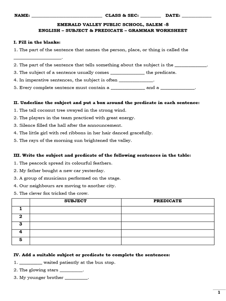 Subject and Predicate Worksheet | PDF