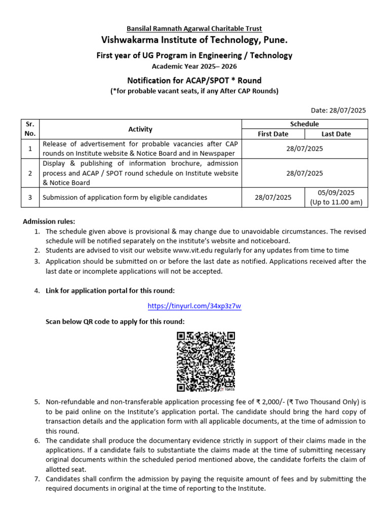 Notification For ACAP-SPOT Round For AY 2025-26 DTD 28-07-2025 | PDF