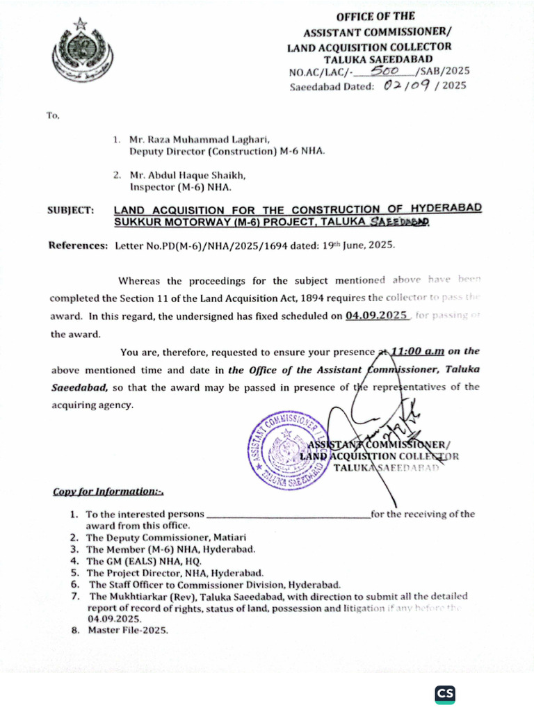 Land Acquisition For The Construction of Hyderabad Sukkur Motorway M-6 ...