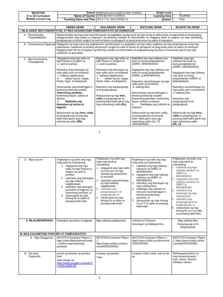 Filipino - DLL 2 - Q1 - W4 | PDF