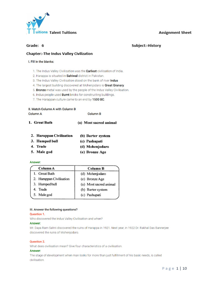 The Indus Valley 6th Icse History | PDF