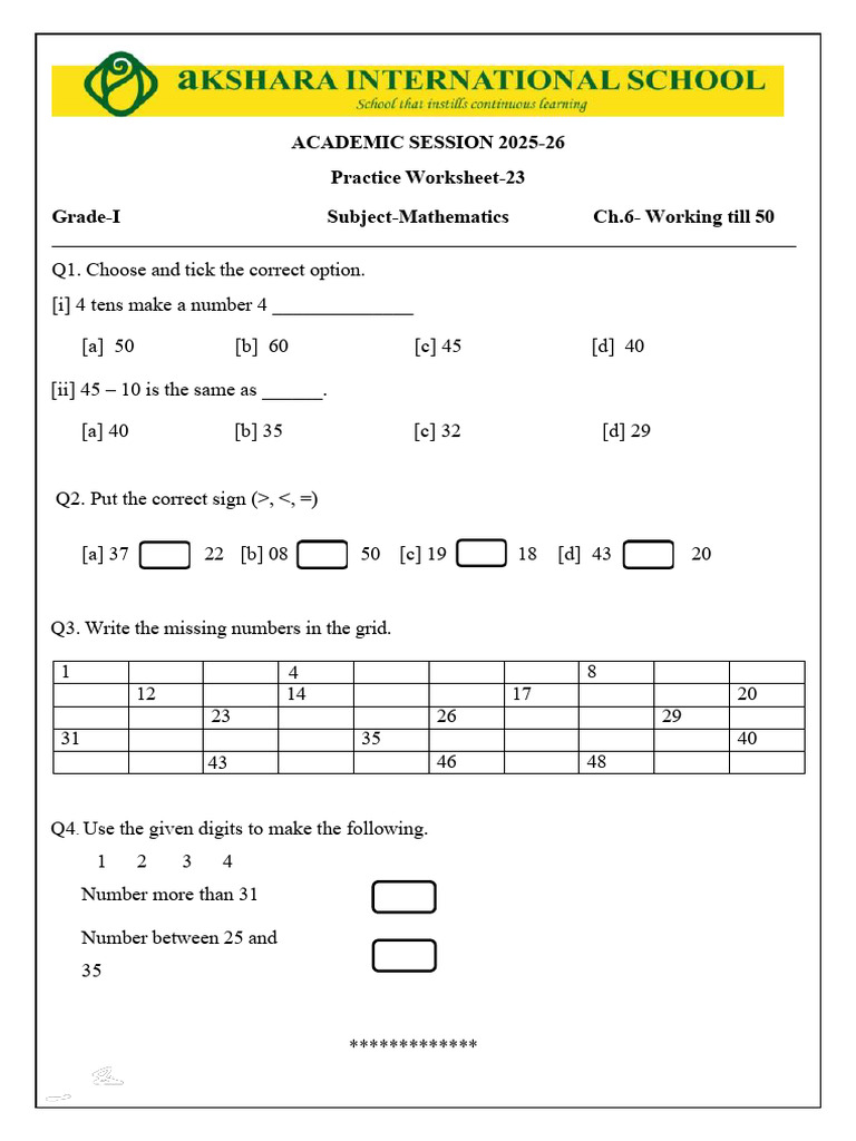 Ade1 Maths Practice Worksheet Ch-6 Working Till 50 | PDF