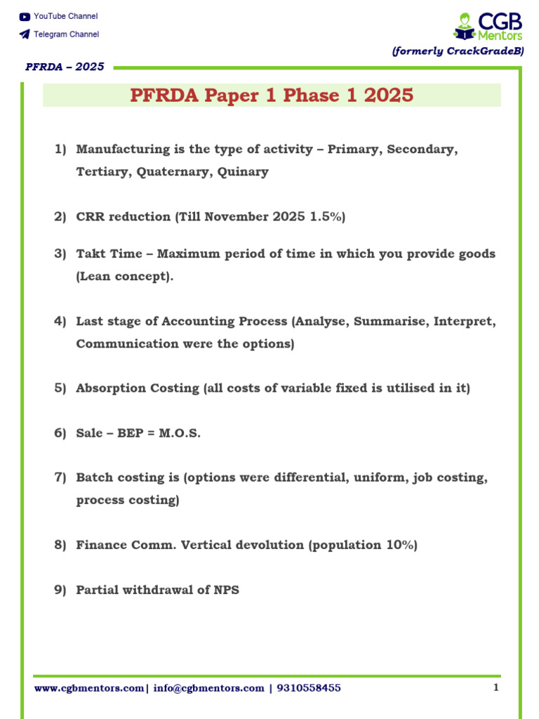 PFRDA Phase 1 Question Paper 2025 | PDF | Dividend | Economies