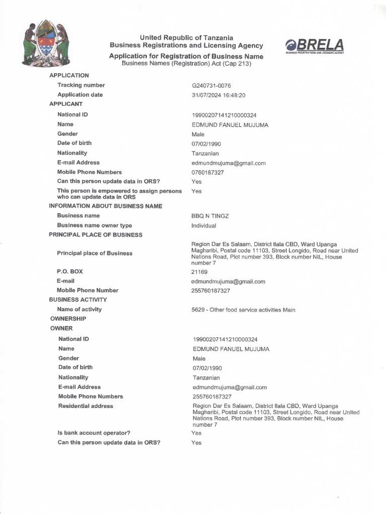 Application For Registration of Business Name | PDF