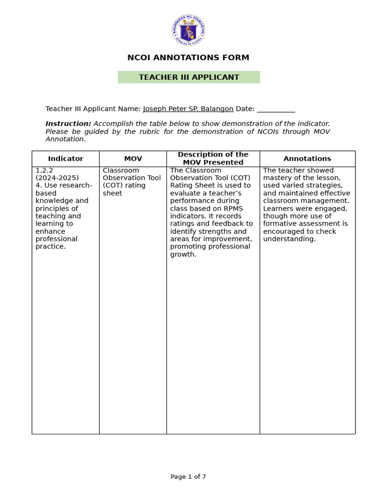 T5 - NCOI Annotations Form For Teacher V Applicant | PDF | Lesson Plan ...