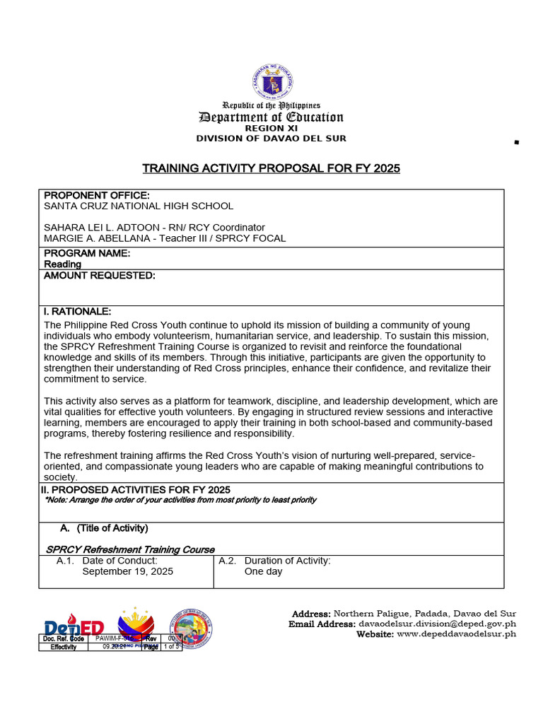 SPRCY Refreshment Training Course Activity Proposal | PDF | Learning