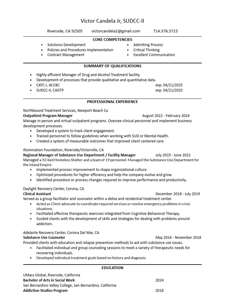 Substance Use Treatment Manager Resume | PDF | Substance Abuse | Therapy