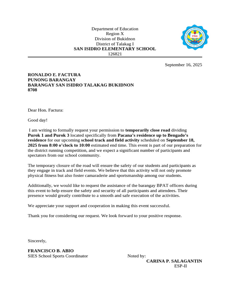 Letter To Barangay Captain Road Close Request | PDF