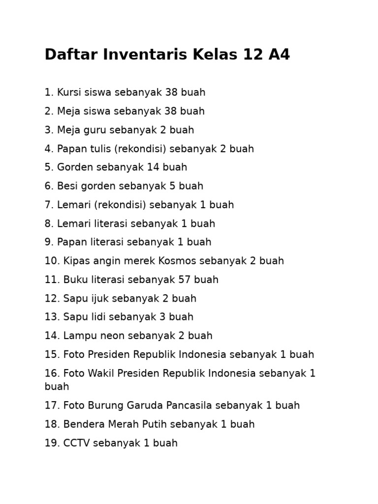 Daftar Inventaris Kelas 12 A4 | PDF