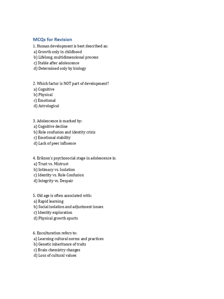 Class11 Psychology MCQs Ch4 Ch5 | PDF | Perception | Adolescence