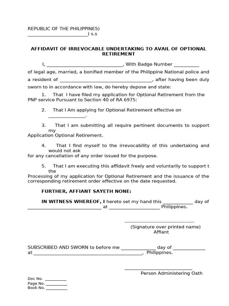 Affidavit for PNP Optional Retirement | PDF