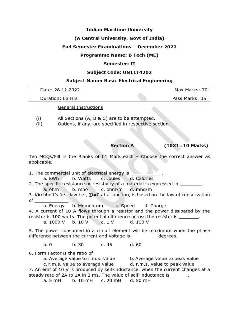 B Tech Basic Electrical Engineering Exam | PDF | Electromagnetic ...