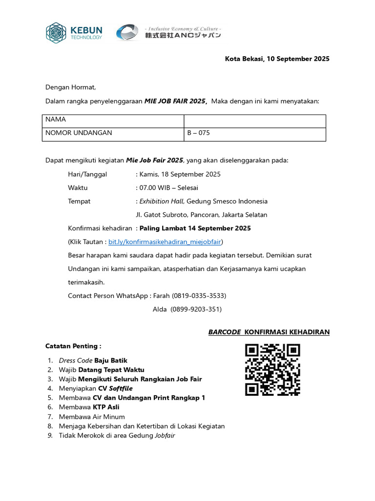 Intan Septia Sari - Undangan Peserta Mie Job Fair 2025 | PDF