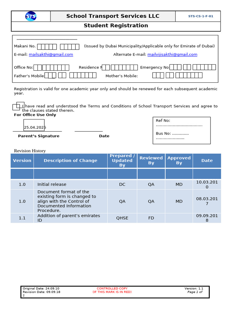 Student Registration for School Transport | PDF