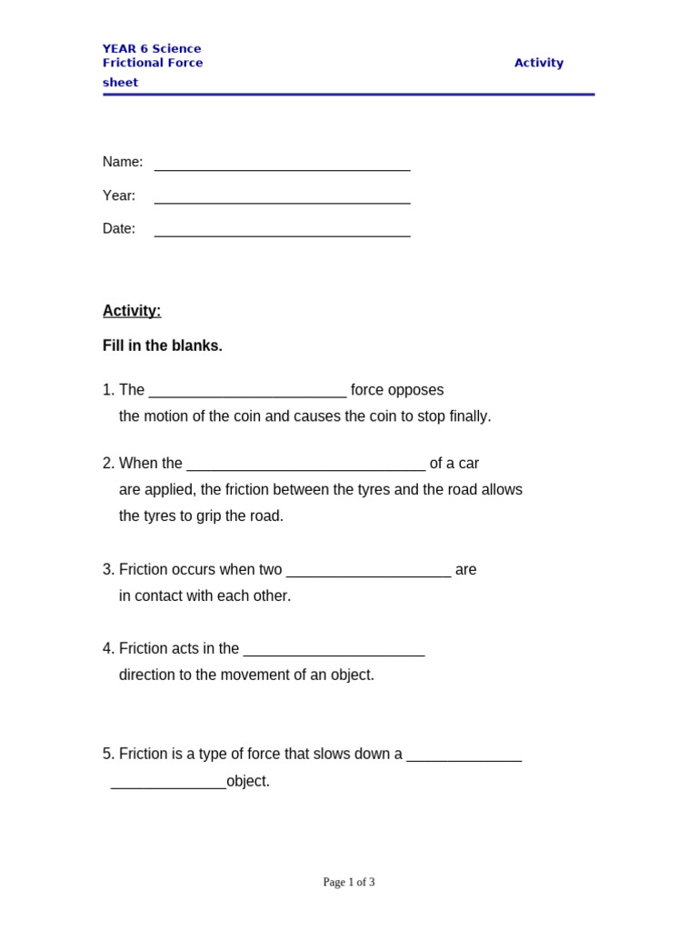 Year 6 Friction Force Activity Sheet | PDF | Friction | Force