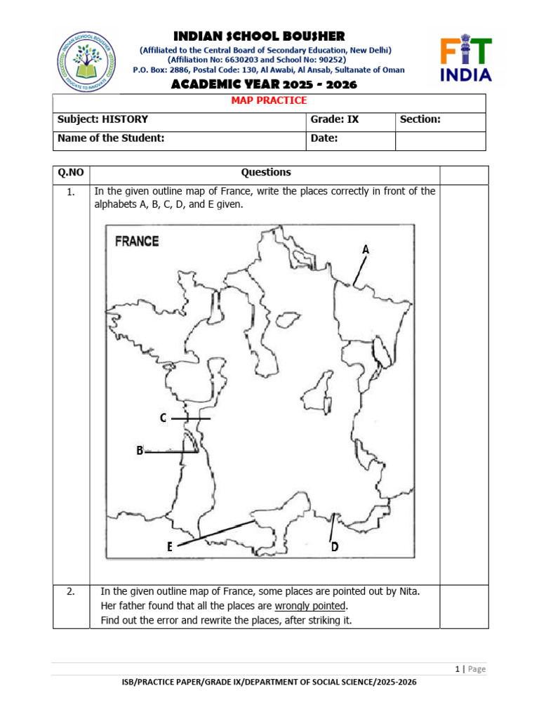 Grade IX History Map Practice Paper | PDF