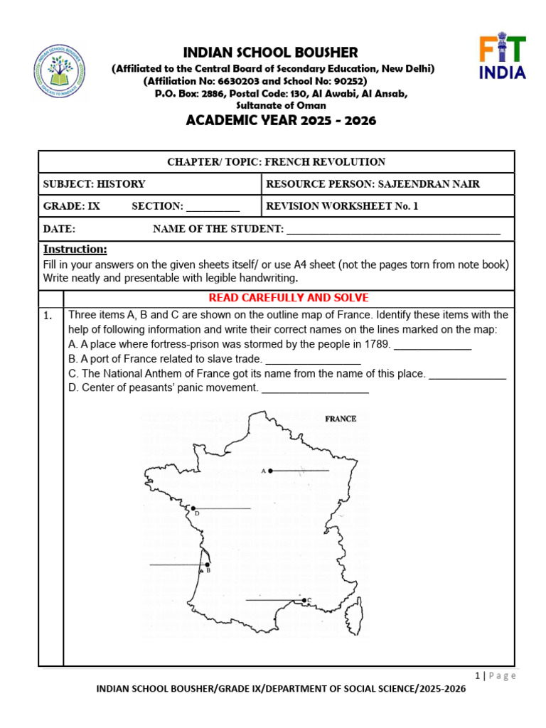 French Revolution Worksheet for Grade IX | PDF