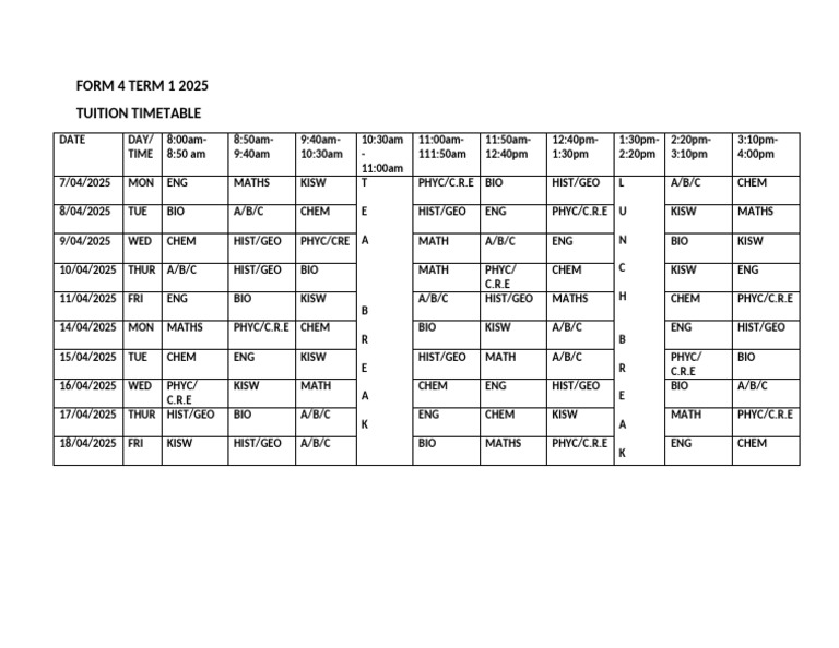 Form 4 Term 1 Tuition T.T 2025 | PDF