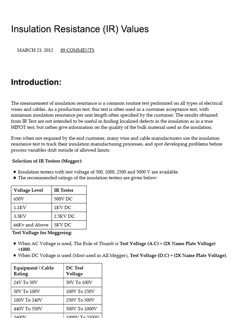 Insulation Resistance Test Values | PDF | Insulator (Electricity ...
