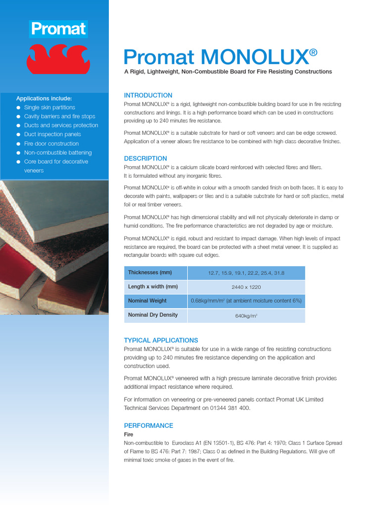 Promat MONOLUX® Fire-Resistant Board | PDF | Humidity | Materials