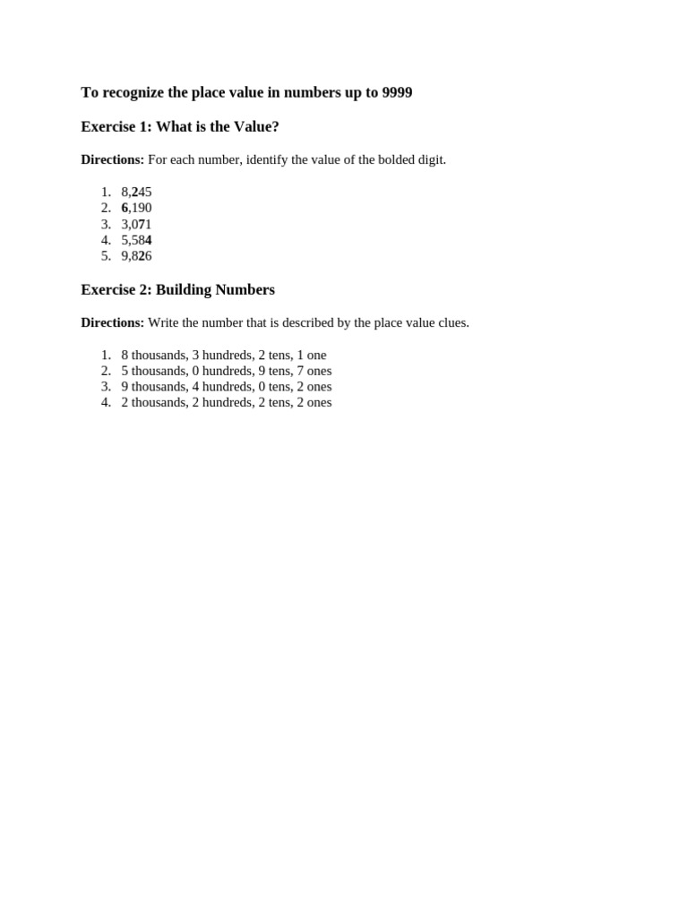 To Recognize The Place Value in Numbers Up To 9999 | PDF