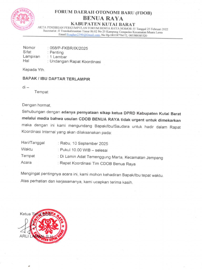 Undangan Rapat Internal-Cdob Benua Raya | PDF