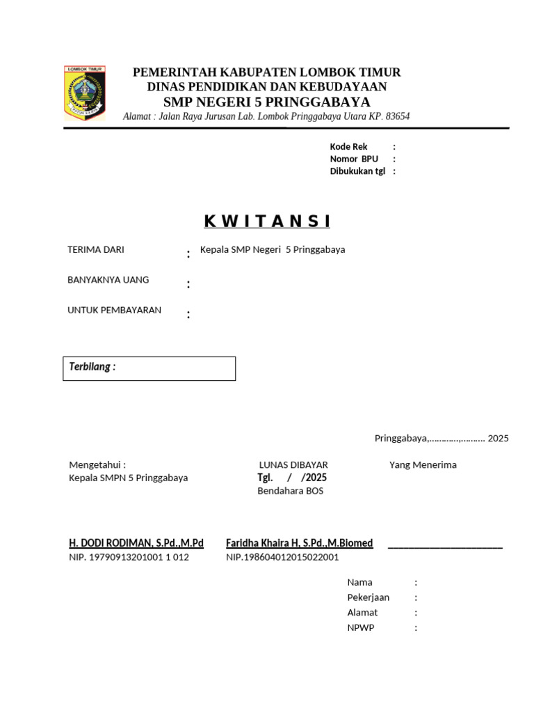Kwitansi Pembayaran SMPN 5 Pringgabaya | PDF