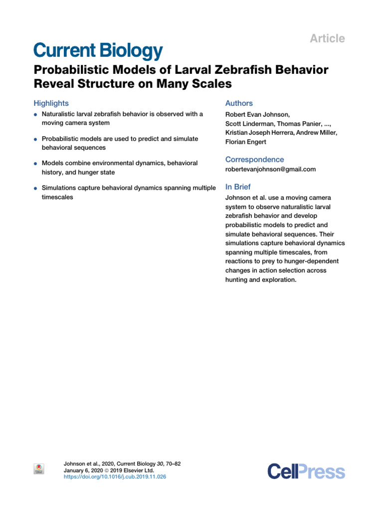 Probabilistic Models of Zebraﬁsh Behavior | PDF | Frame Rate | Biology