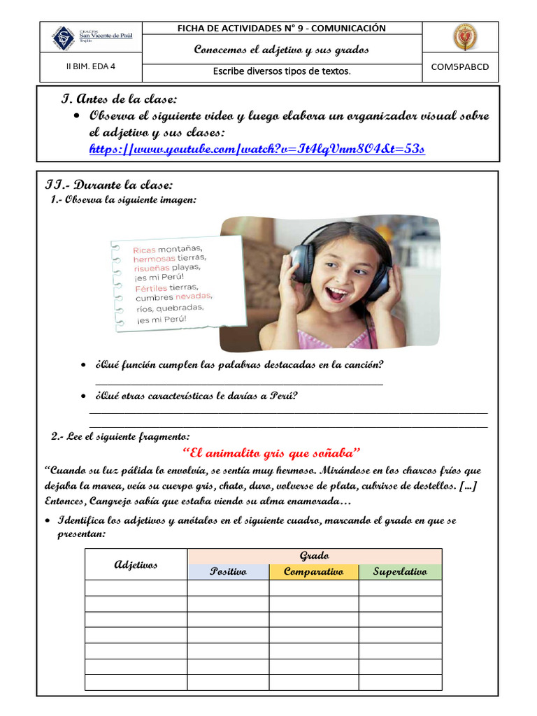 Ficha de Trabajo 9 Conocemos El Adjetivo y Sus Grados | PDF | Adjetivo