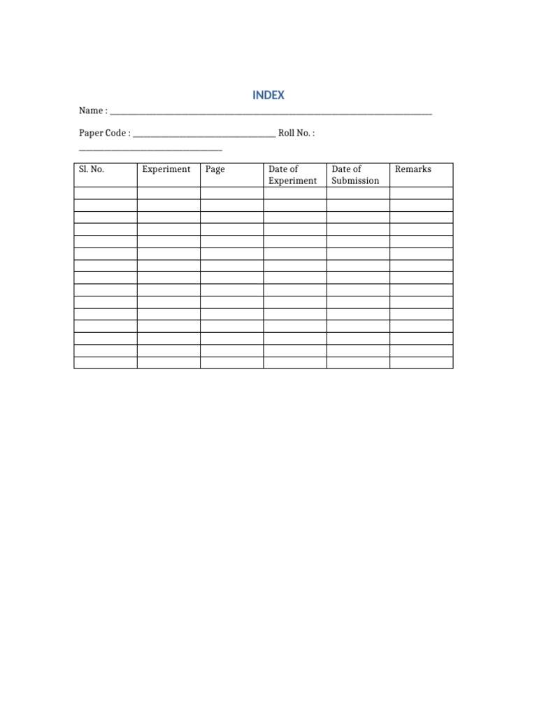 Lab Report Index Page Template | PDF