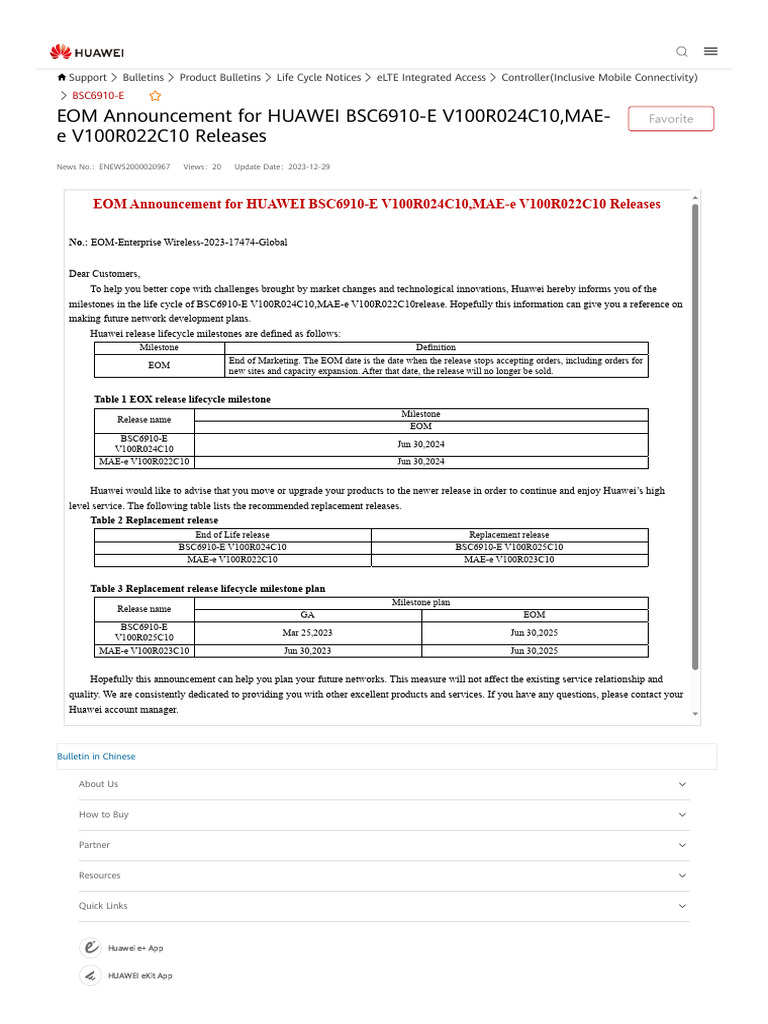 EOM Announcement For HUAWEI BSC6910-E V100R024C10, MAE-e V100R022C10 ...