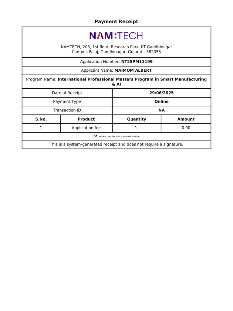 Payment Receipt for Smart Manufacturing Program | PDF
