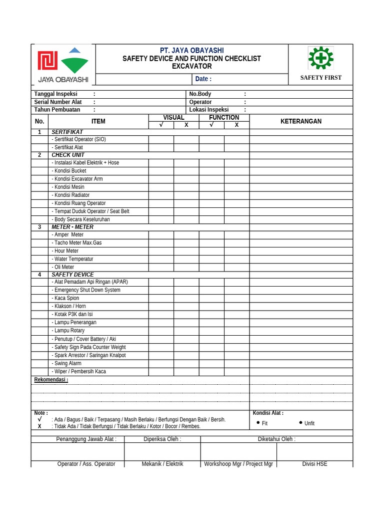 Checklist Alat Safety Excavator | PDF
