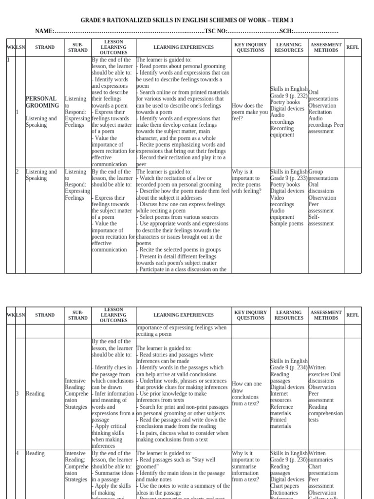 Grade 9 English Skills: Term 3 Plans | PDF | Reading Comprehension ...