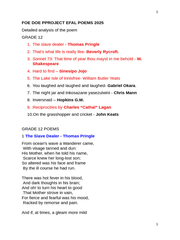 Foe Doe Project Grade 12 Poems Efal 2025 Analysed | PDF