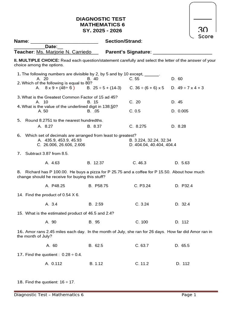 Grade 6-Mathematics Diagnostic Test | PDF | Ratio | Number Theory