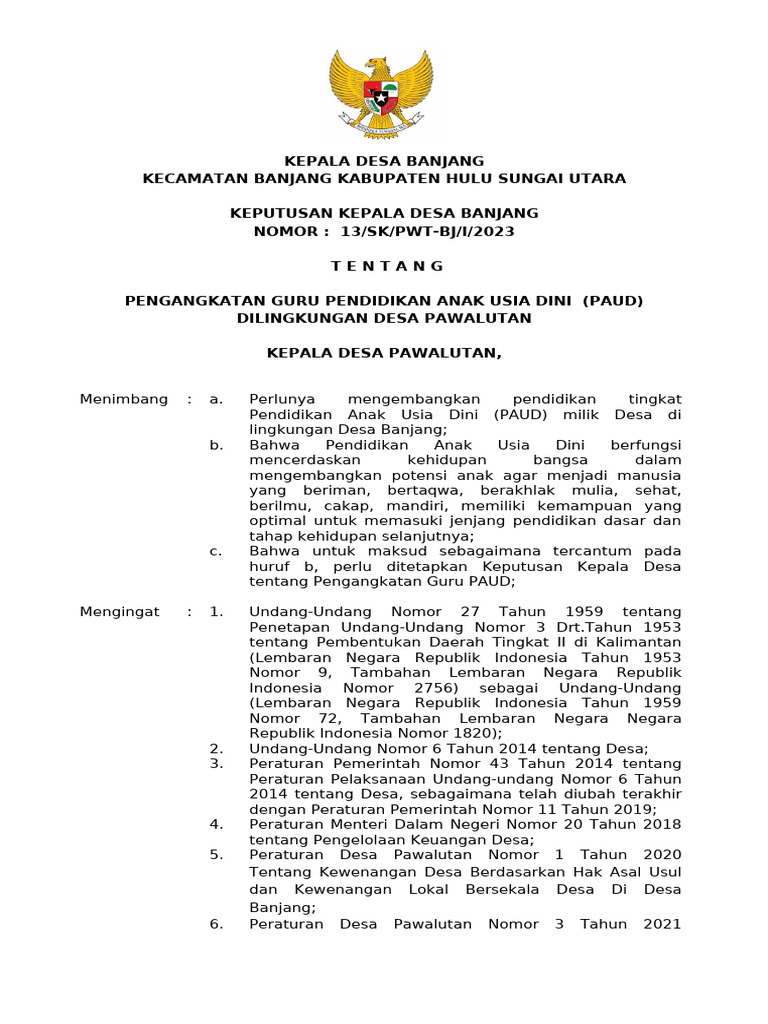Pengangkatan Guru PAUD Desa Banjang | PDF