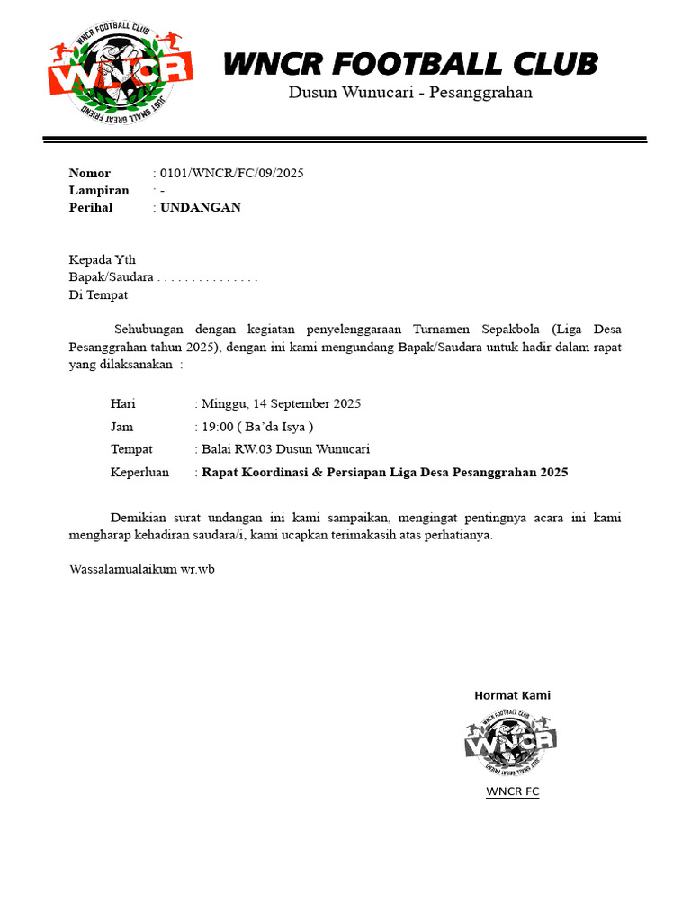 Undangan Rapat Liga Desa Pesanggrahan 2025 | PDF
