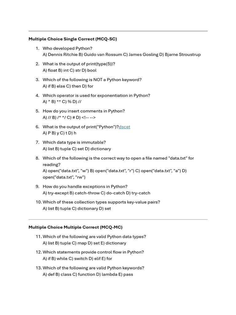 Multiple Choice Single Correct | PDF | Python (Programming Language) | Control Flow