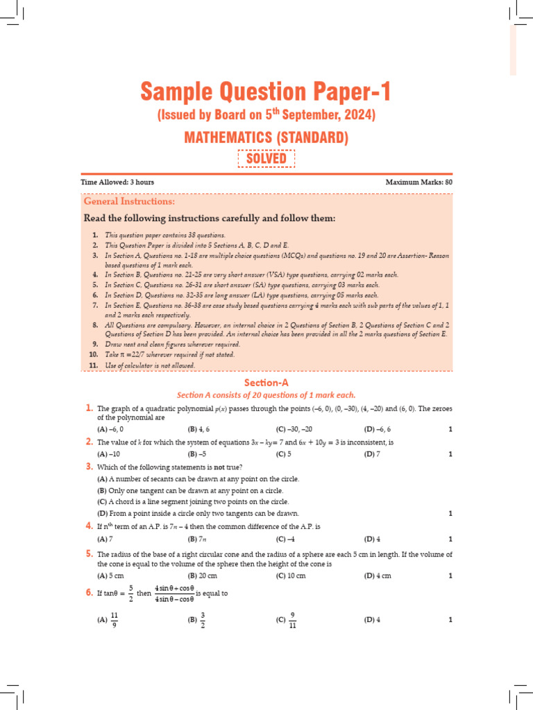 5 CBSE-10 SQP-1 Mathematics Standard 250907 204514 | PDF | Circle | Sphere