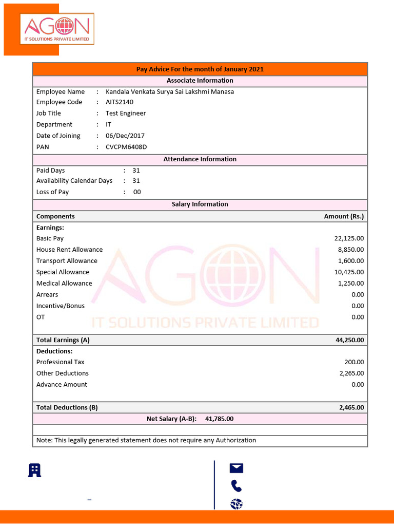 Kandala Venkata Surya Sai Lakshmi Manasa - Jan 21 Payslip (Agon IT ...