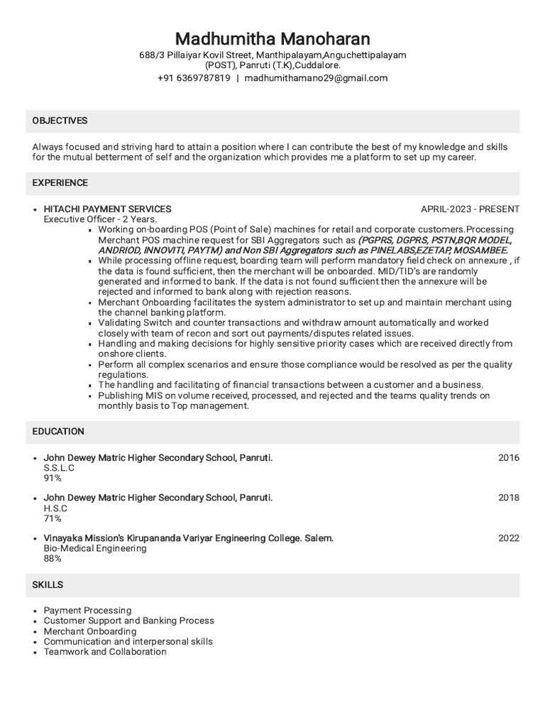 Madhumitha Manoharan CV | PDF | Point Of Sale | Banks