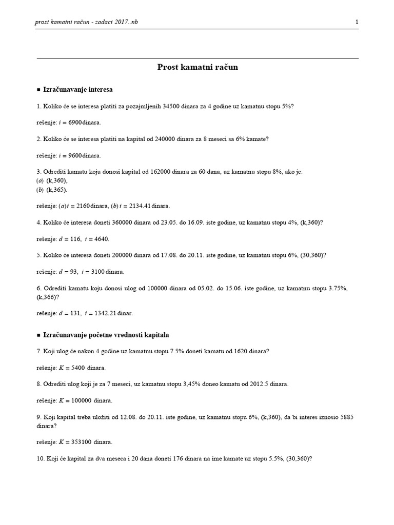 Prost Kamatni Rac48dun Zadaci 2017 | PDF