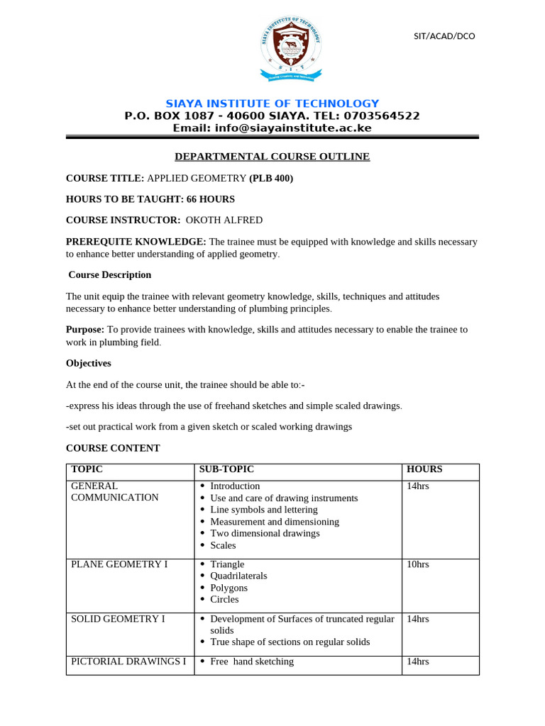 Applied Geometry Course Outline | PDF | Geometry | Drawing