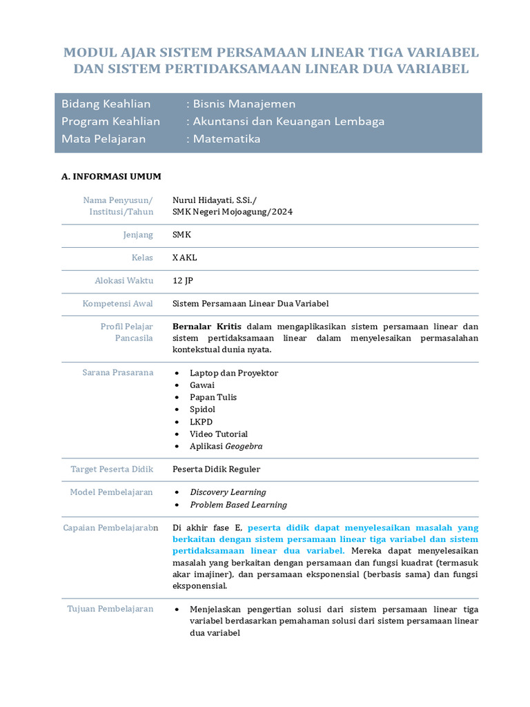 Modul Ajar SPL Tiga Variabel dan SP Dua Variabel | PDF