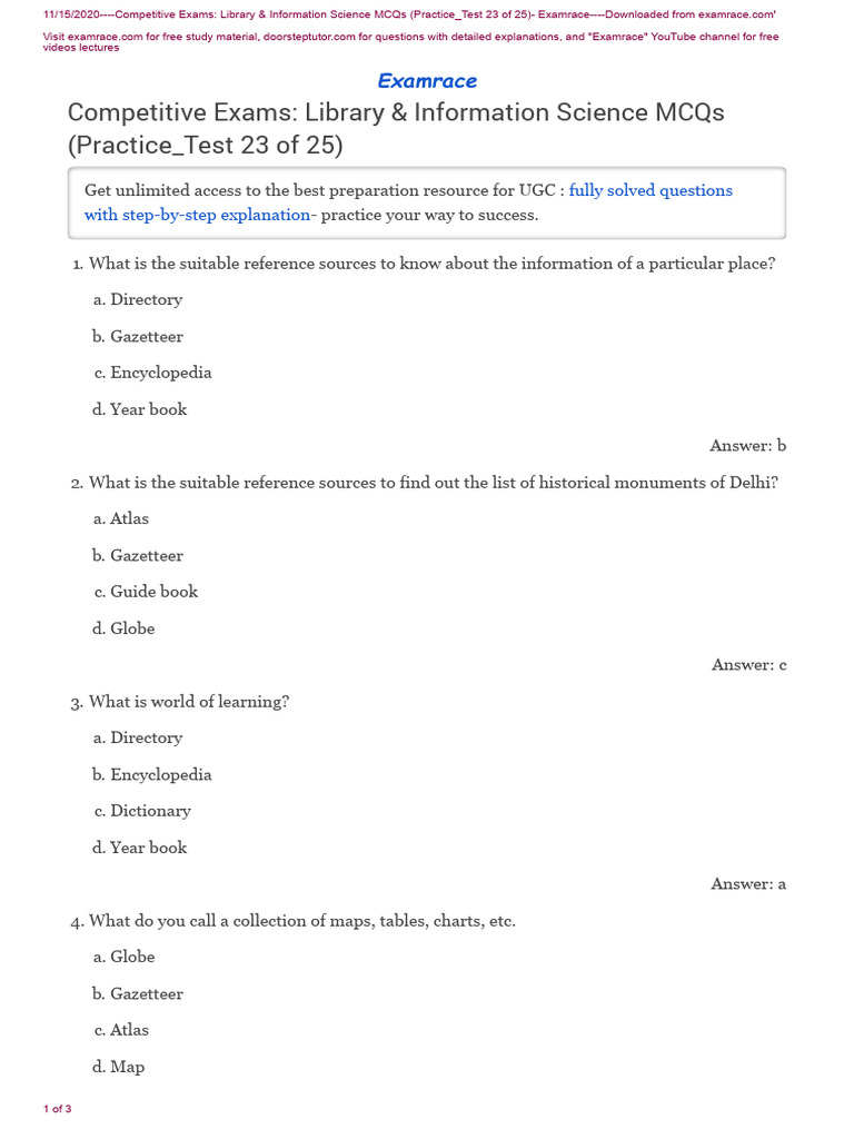 Library Information Science Mcqs Practice Test 23 Pdf Encyclopedias